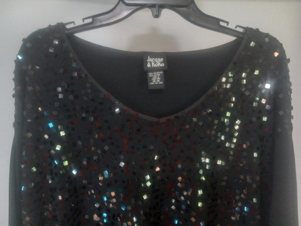 Jacque & KoKo Womens Size 14/16 Top Tunic Solid Black Square Sequin | eBay