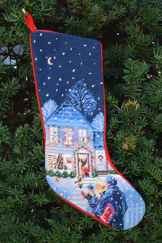 christmas stocking needlepoint vintage 21" winter scene | eBay