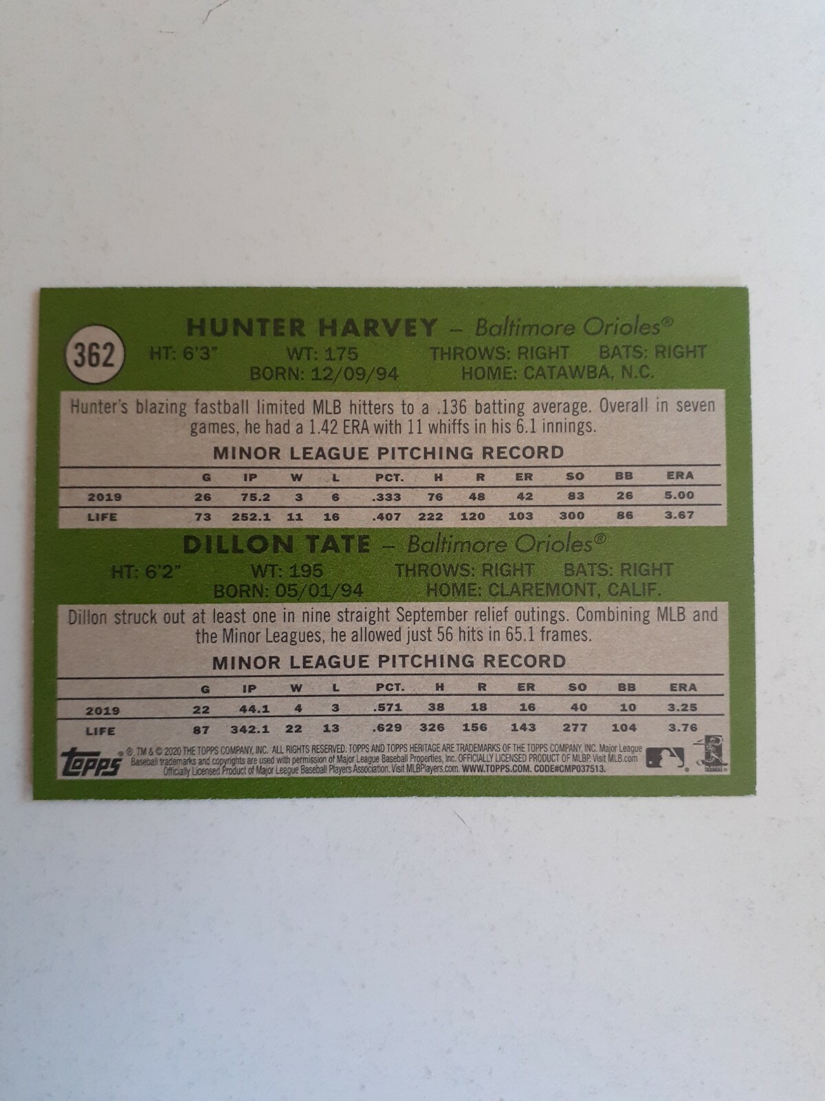 2020 Topps Heritage - Rookie Stars #362 Hunter Harvey, Dillon Tate (RC ...