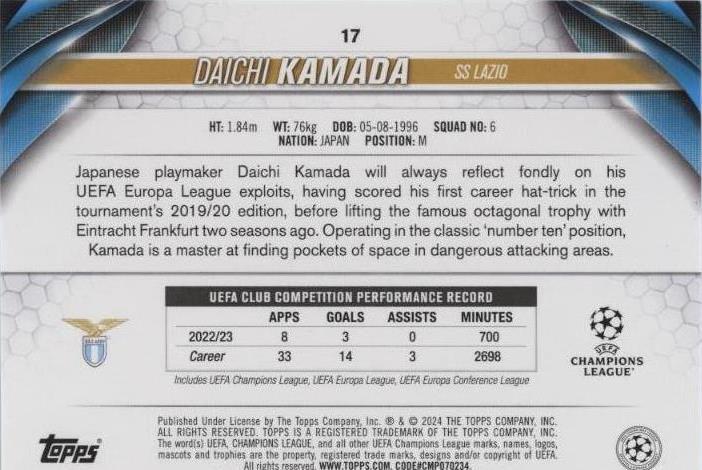 Preços baixos em 2023-24 Topps UEFA Club Competitions Daichi Kamada #17 ...