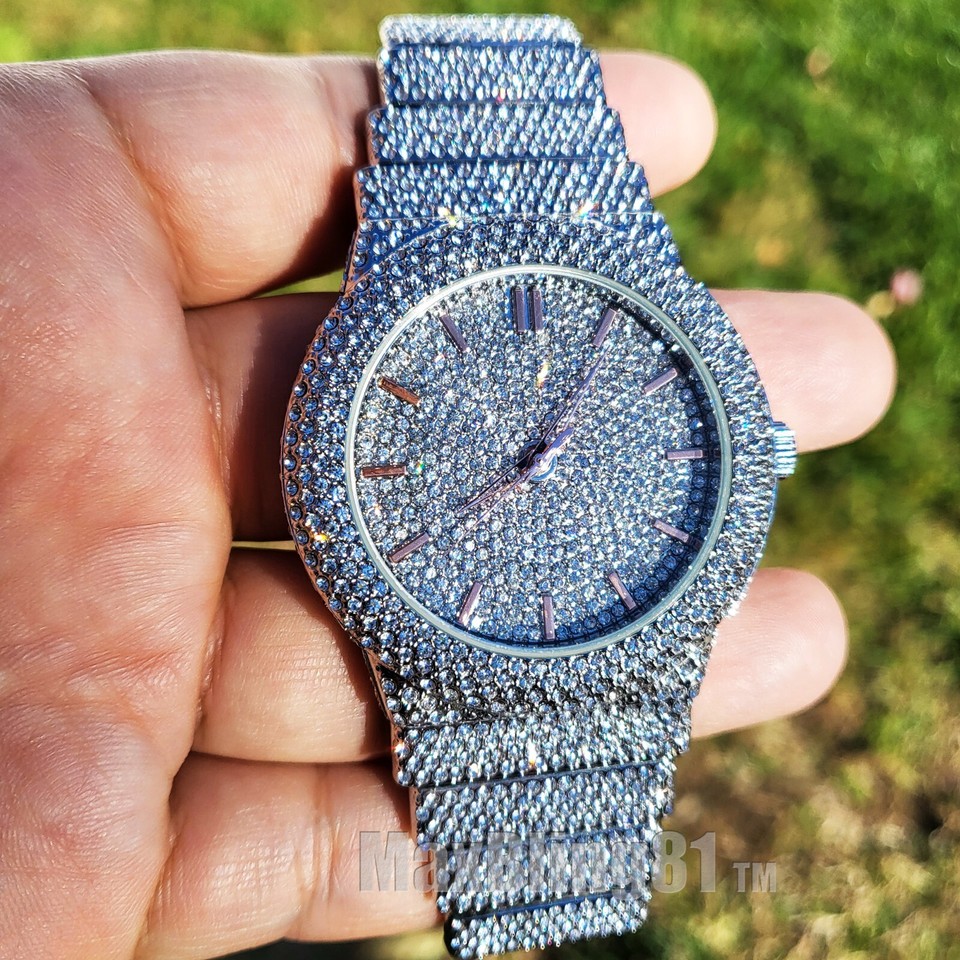Hip Hop Watch Men Full Iced Band Silver Luxury Bling Simulated Diamond ...