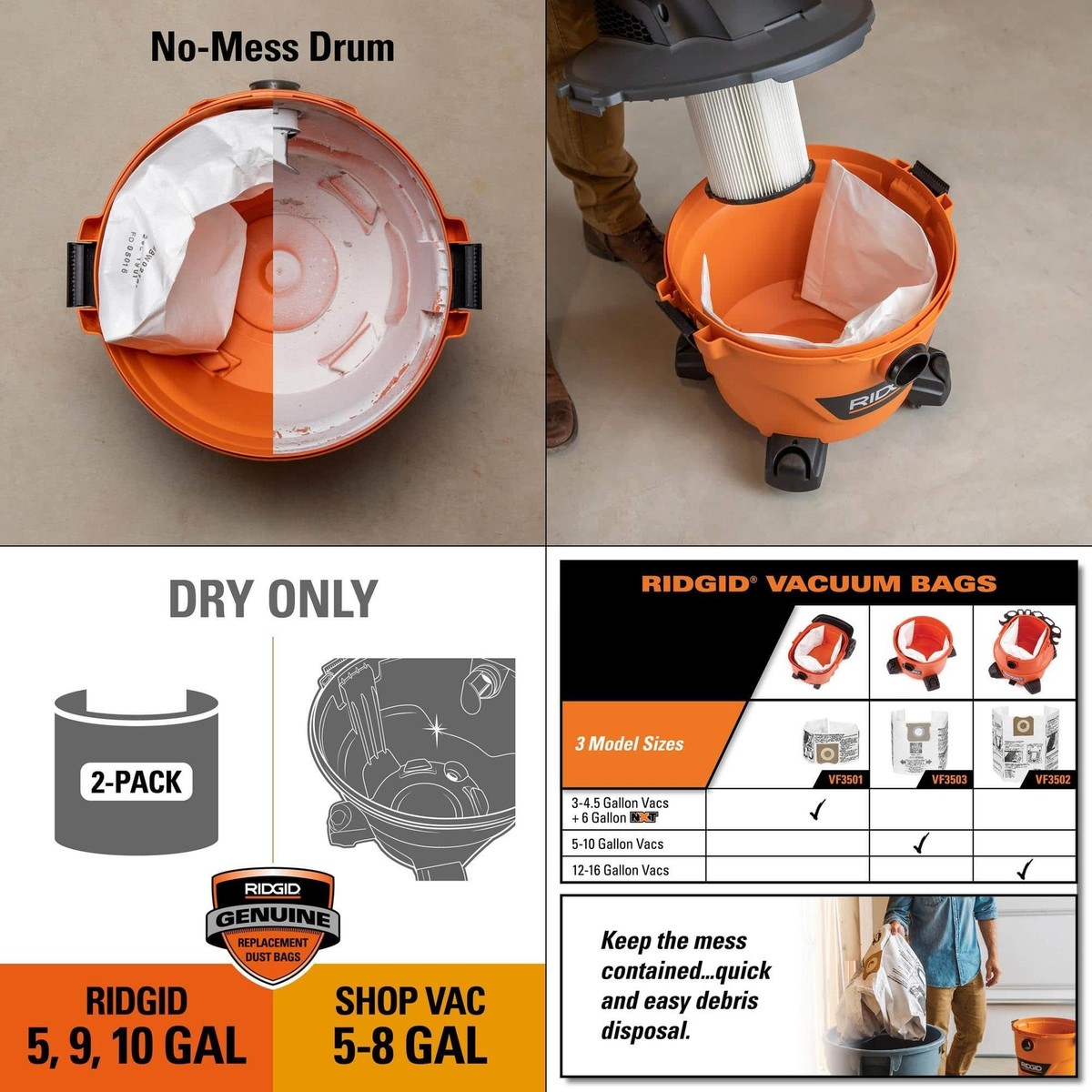 RIDGID High-Efficiency Wet/Dry Vac Dry Pick-up Only Dust, 46% OFF
