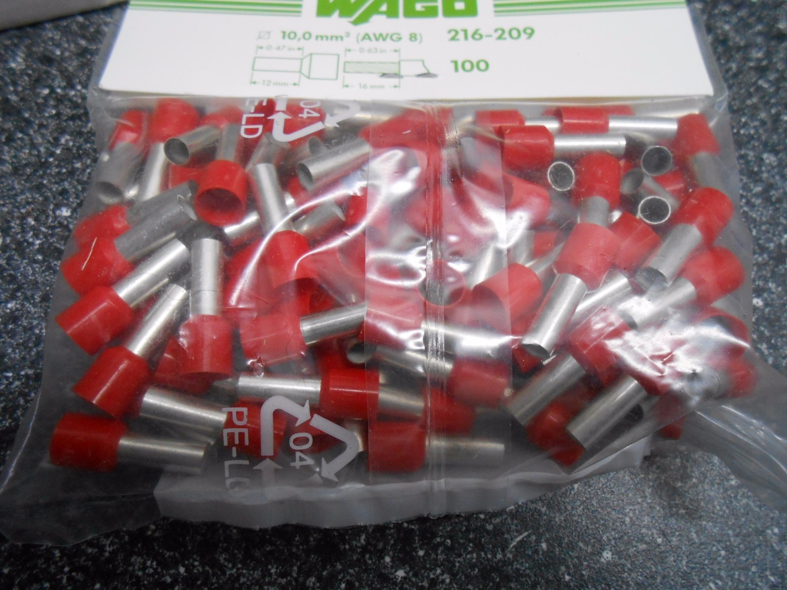 BAG OF 100 WAGO 216-209 10mm²-12mm/AWG 8 RED CRIMP TERMINAL FERRULES | eBay