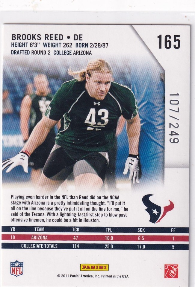 2011 Rookies and Stars Longevity Silver #165 Brooks Reed Rookie Texans ...