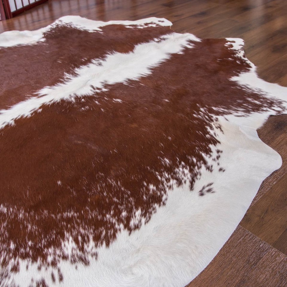 New White Belly Brown and White Rodeo COWHIDE RUG size approx 6X7-7X7ft ...