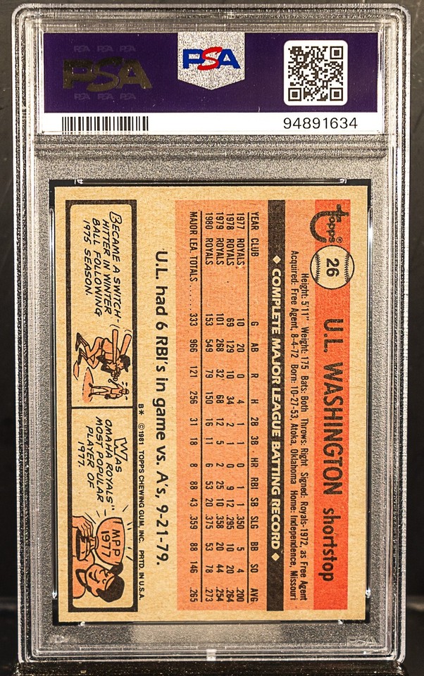 94891634 U.L. Washington 1981 Topps 26 PSA 9 Royals | eBay