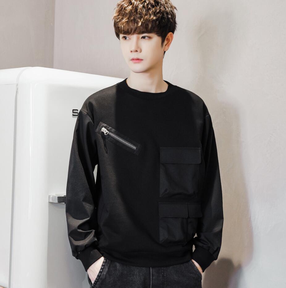 Design Men's Multi-pocket T-shirt Cargo Round Collar Long Sleeve Korean ...