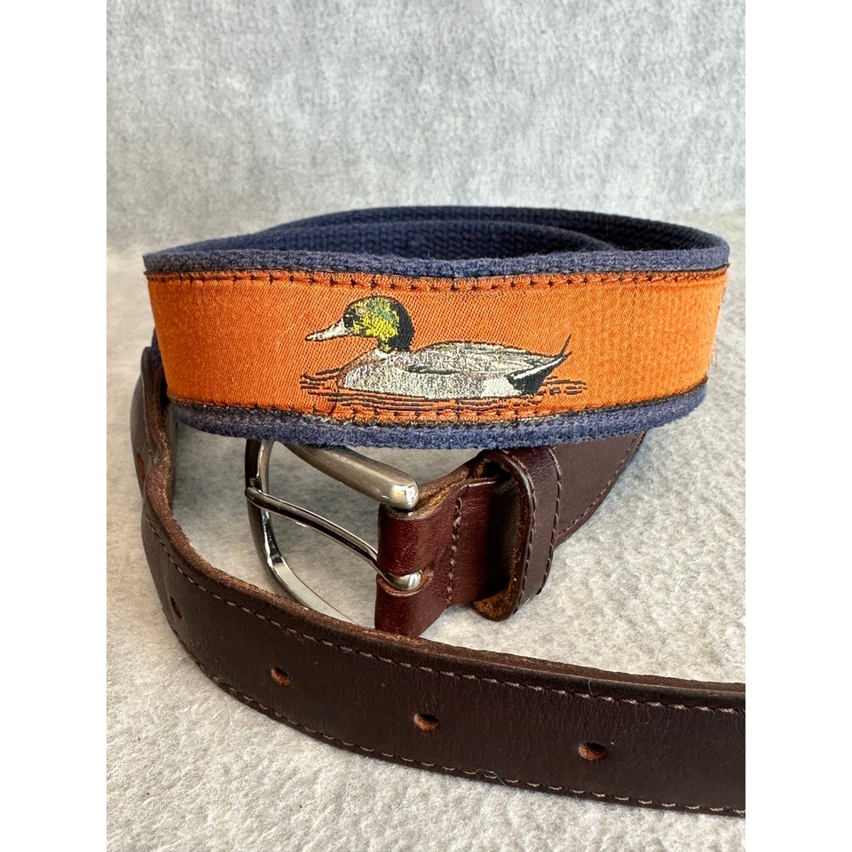 The Belted Cow Ribbon Belt With Ducks Men's Size 34 Orange Navy Leather ...