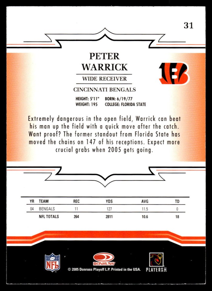 2005 Donruss Throwback Threads #31 Peter Warrick NRMT or Better | eBay