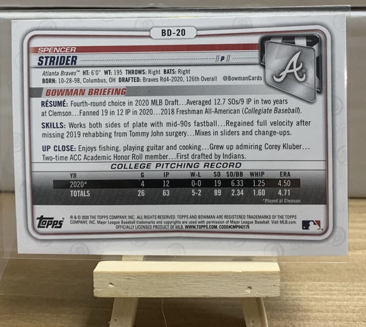 2020 Bowman Draft Spencer Strider 1st Bowman Paper #BD-20 Atlanta ...