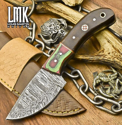 LMK Hand Forged Skinner Knife Fire Damascus Walnut Wood Wooden Bolster ...