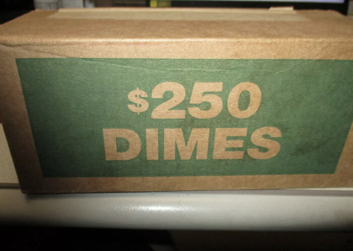 One Box (50 Rolls $250) Unsearched Roosevelt Dimes, Bank Rolled, Denver ...