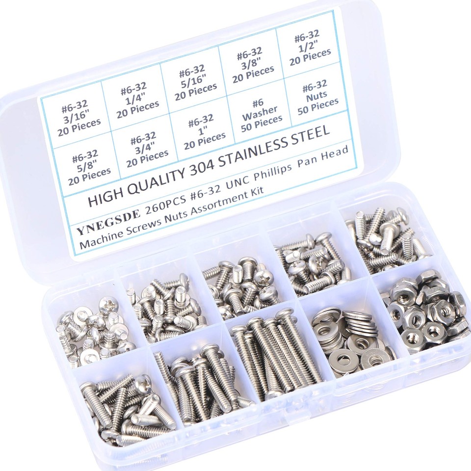 #6-32 UNC Bolts Nuts and Washer Assortment Kit, 260Pcs Phillips Pan ...