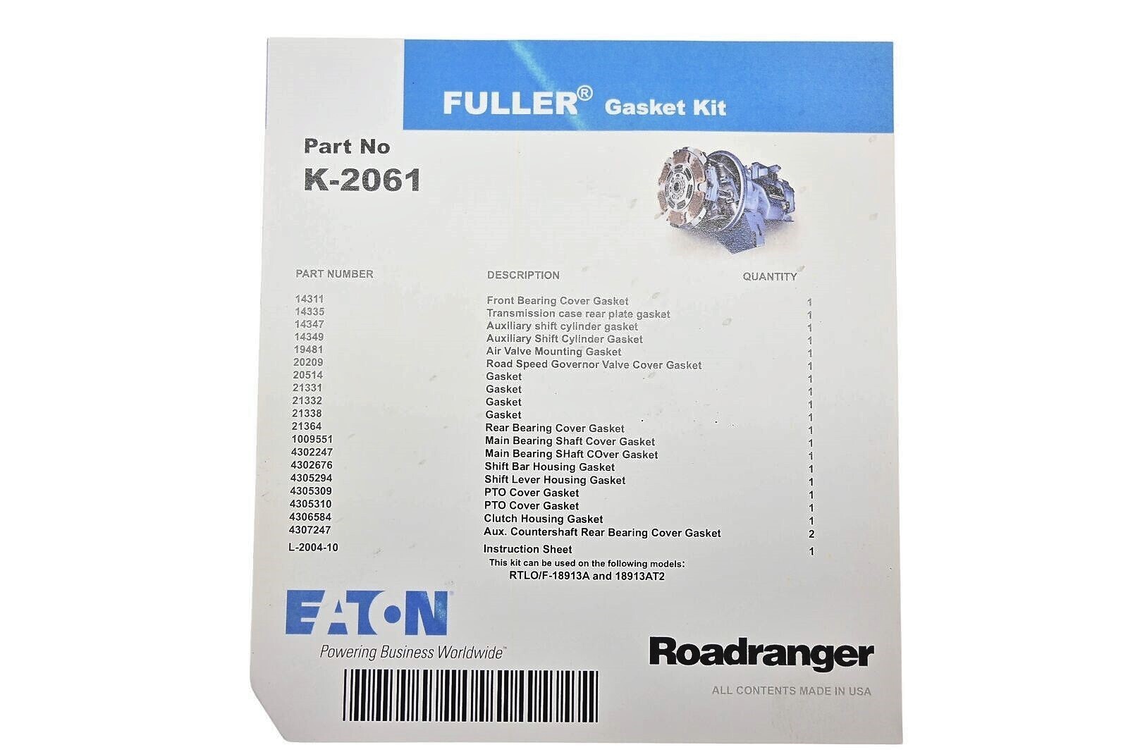 K2061 New Genuine Eaton Fuller GASKET SET - OEM K-2061 RTLO/F-18913A ...