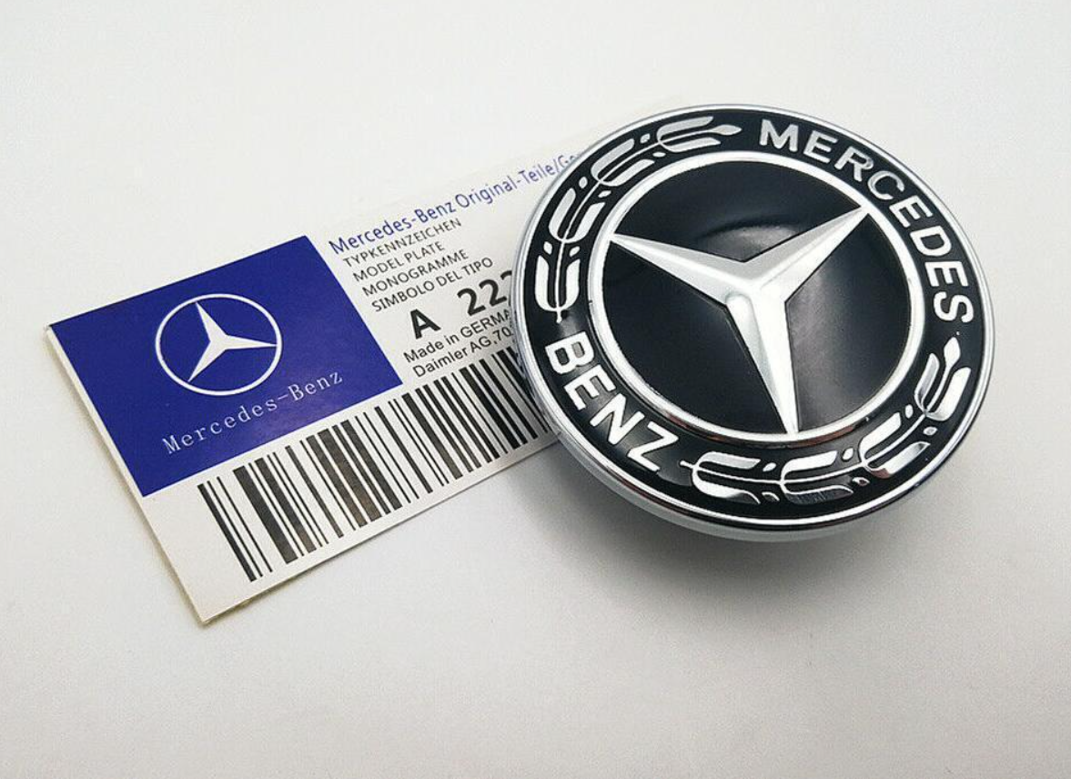 For Mercedes Hood Emblem Classic Black Front Flat Laurel Wreath Badge ...