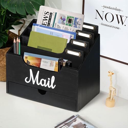 Desktop Mail Organizer with 4 Large Compartments and Drawer, Wood Mail ...