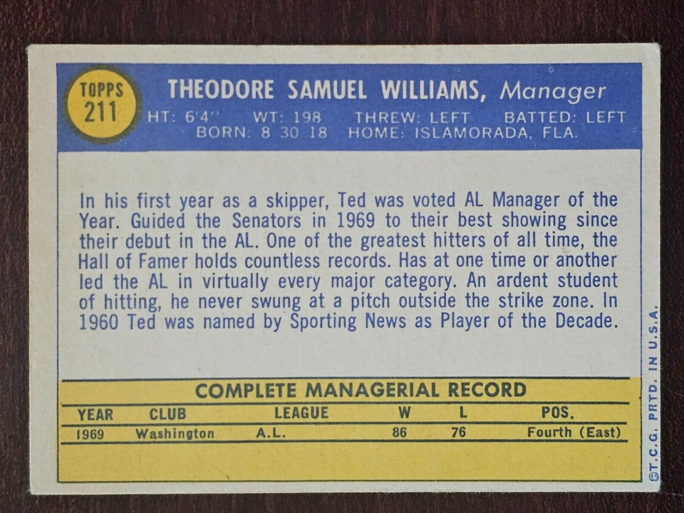1970 Topps - #211 Ted Williams - Washington Senators - HOF - EX | eBay