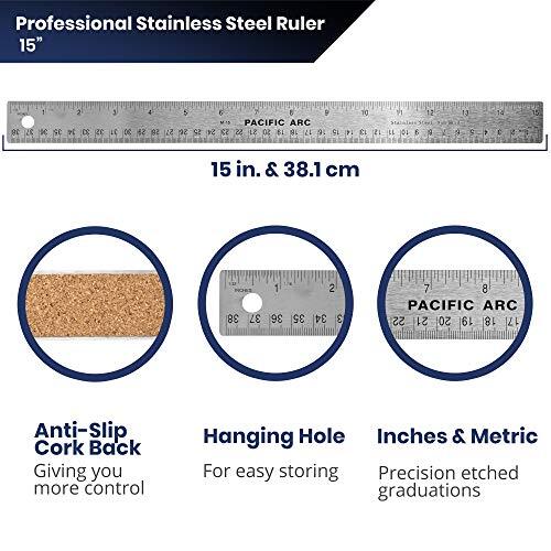 Stainless Steel 15 Inch Metal Ruler Non-Slip Cork Back, with Inch and ...