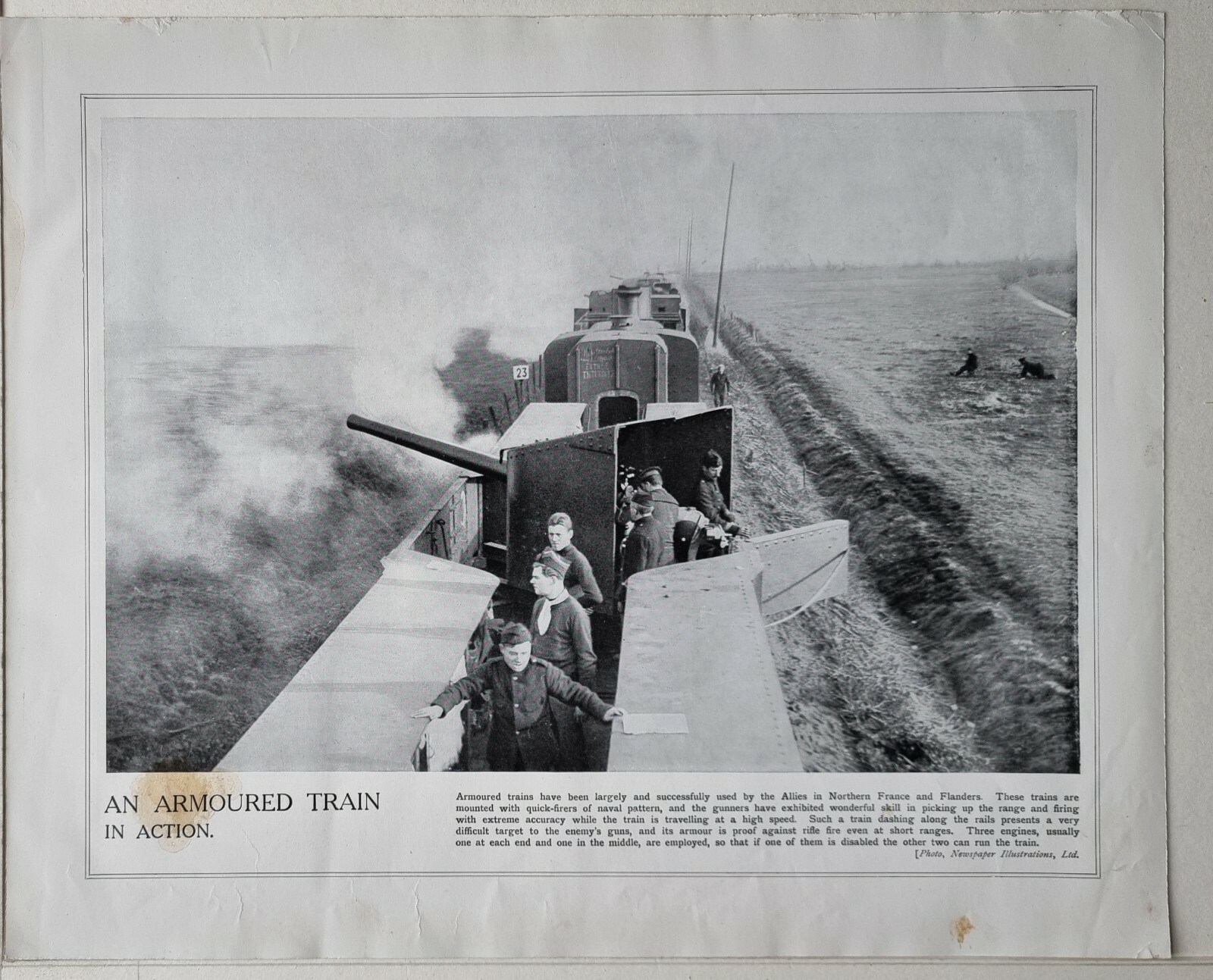 1915 WW1 PRINT & TEXT ARMOURED TRAIN THREE ENGINES MOUNTED WITH QUICK ...