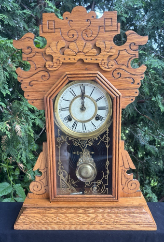 Antique 1890s Waterbury FANCY OAK Mantle Parlor Clock VIDEO - ALL ...