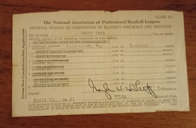 1947 Baseball Player's Release Notice Portsmouth Cubs Tulsa Oilers ...