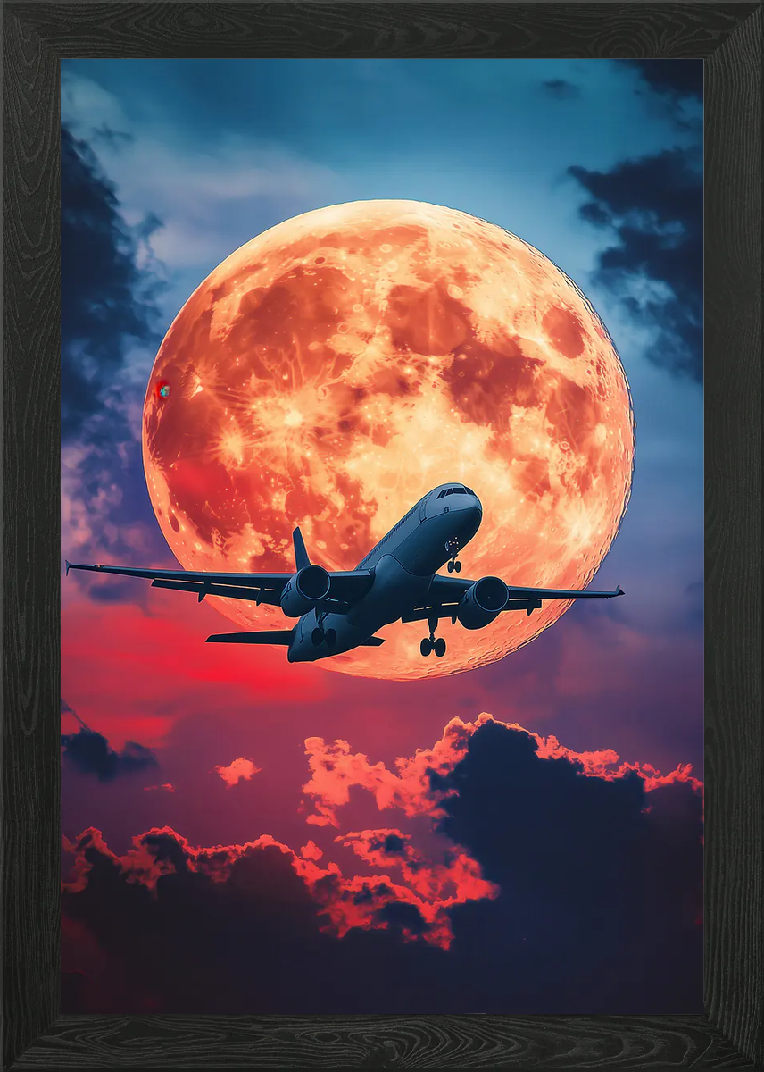Airplane and Blood Moon Framed Wall Art Poster Canvas Print Picture ...