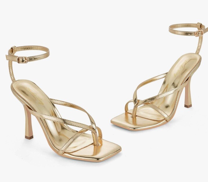 Elisabet Tang Metallic Gold Square Toe Strappy 4.3” Stiletto Heel ...