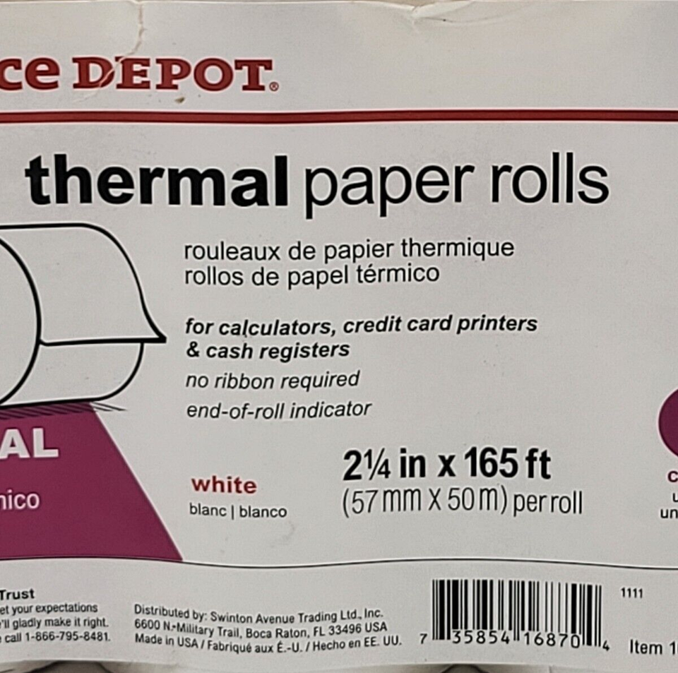 Office Depot Thermal Paper Rolls 6 Count 2.25"x165' Per Roll #108-610 ...