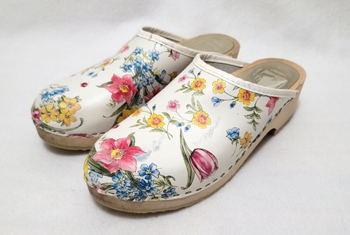 DALA CLOGS White & Multicolor Floral Leather Slip-On Swedish Clogs Size ...