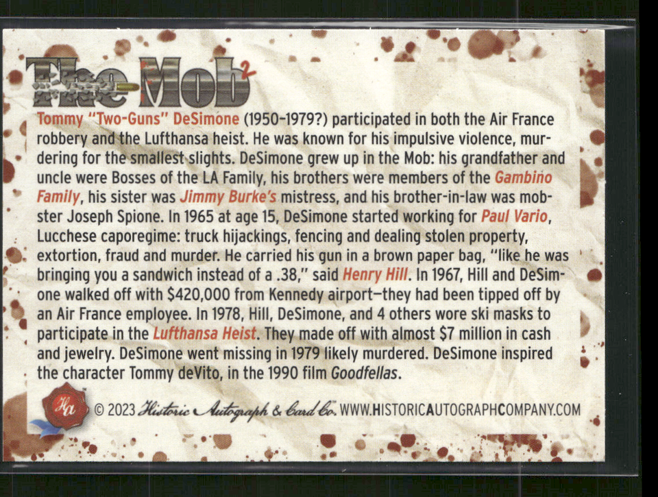 2023 Historic Autograph's Mob 2 Card #80 Tommy DeSimone Lucchese Family ...