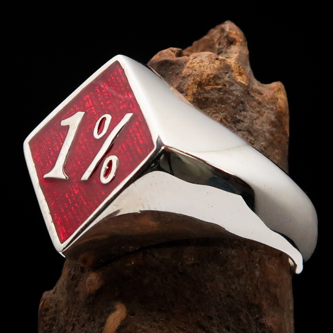 MENS STERLING SILVER OUTLAW BIKER RING DIAMOND 1% ER ONE PERCENT RED ...