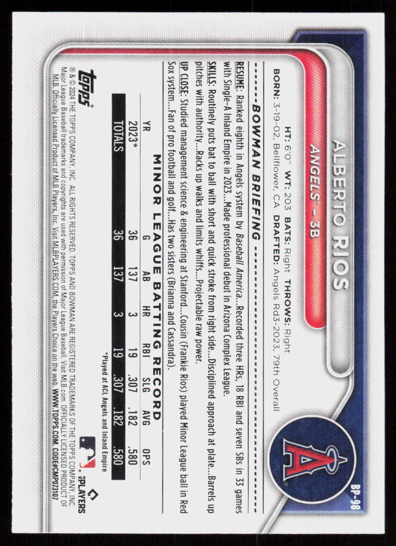 2024 Bowman Alberto Rios #BP-98 BASEBALL Los Angeles Angels Prospects ...