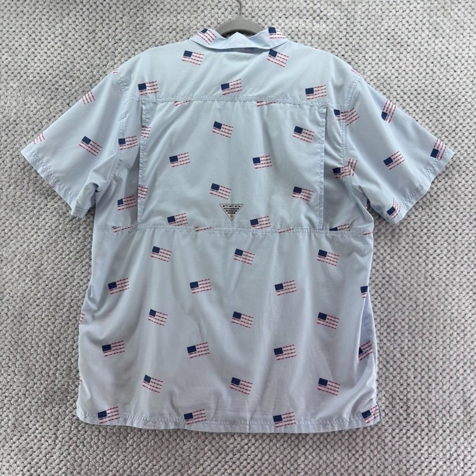 Columbia Shirt Mens L Blue USA Flag Fishing PFG Button Vented Back ...