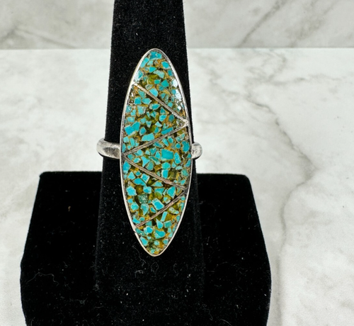Sterling Silver Turquoise Chip Inlay Ring - Oblong - Vintage - Size 7. ...