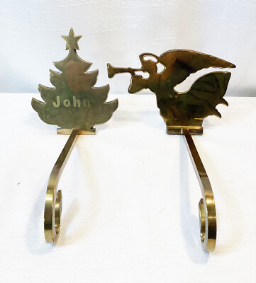 Vintage Brass Christmas Tree & Angel Stocking Hanger Holder Long Arm ...