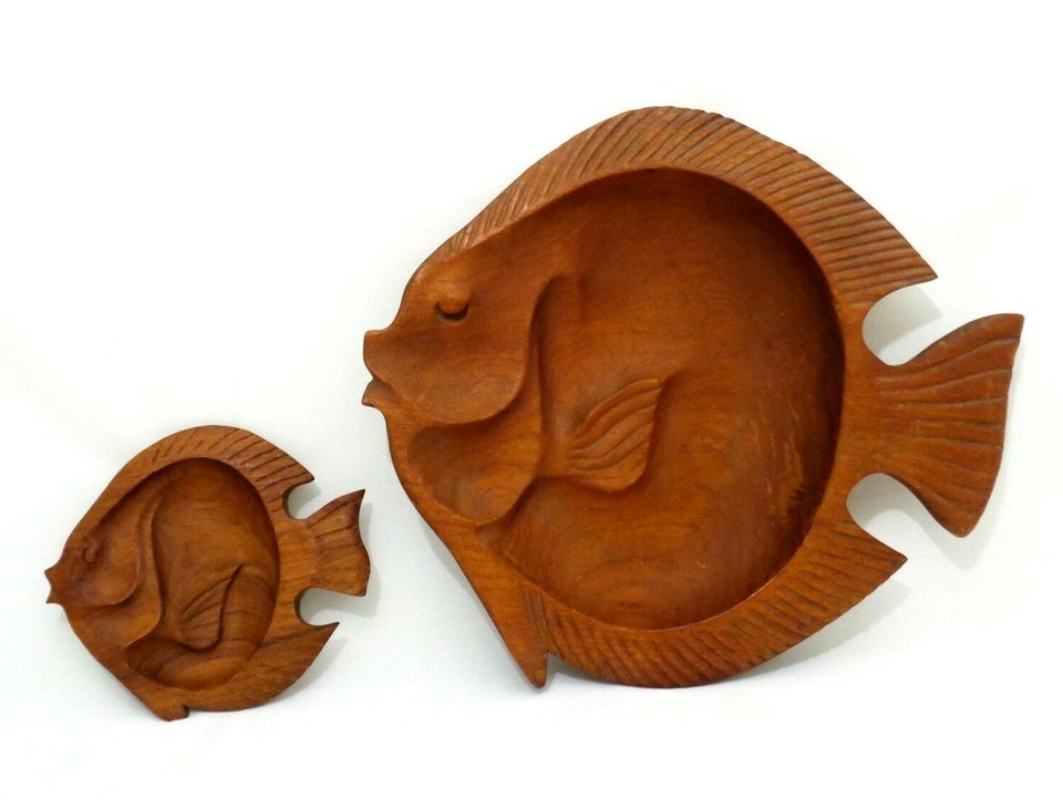RARE MODERNIST VINT HAND CARVED FISH THEME TEAK WOOD SHALLOW BOWL, W/6 ...