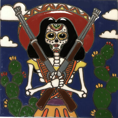 6x6 Rifle Lady . Day-Of-The-Dead Dia De Los Muertos Clay Tile Skeleton ...