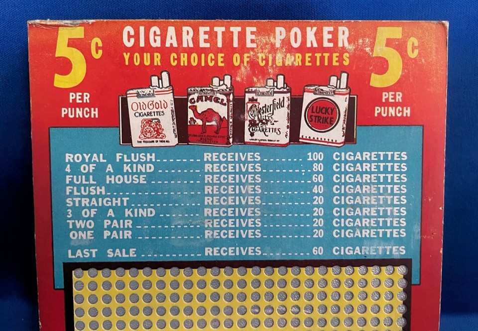 VINTAGE 5 CENT CIGARETTE POKER PUNCH BOARD GAME UNPUNCHED w/KEY N.O.S ...