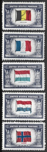 5 U.S. Stamps - 5 Cent Overrun Countries from 1943-1944, Scott 911-915 ...