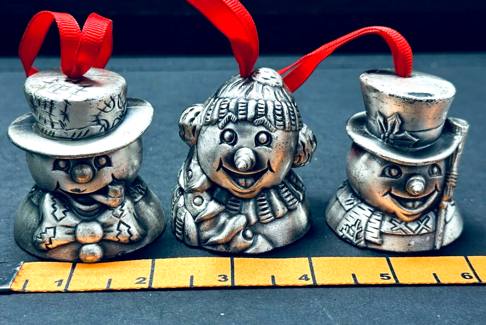 Vintage Set 3 Bells in Box Christmas Ornament Snowman Pewter Funny ...
