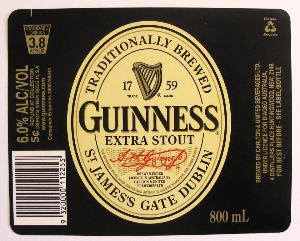 Guinness Gold Silver Ireland Map Flag Coin Bottle Label Dublin Pub Beer ...