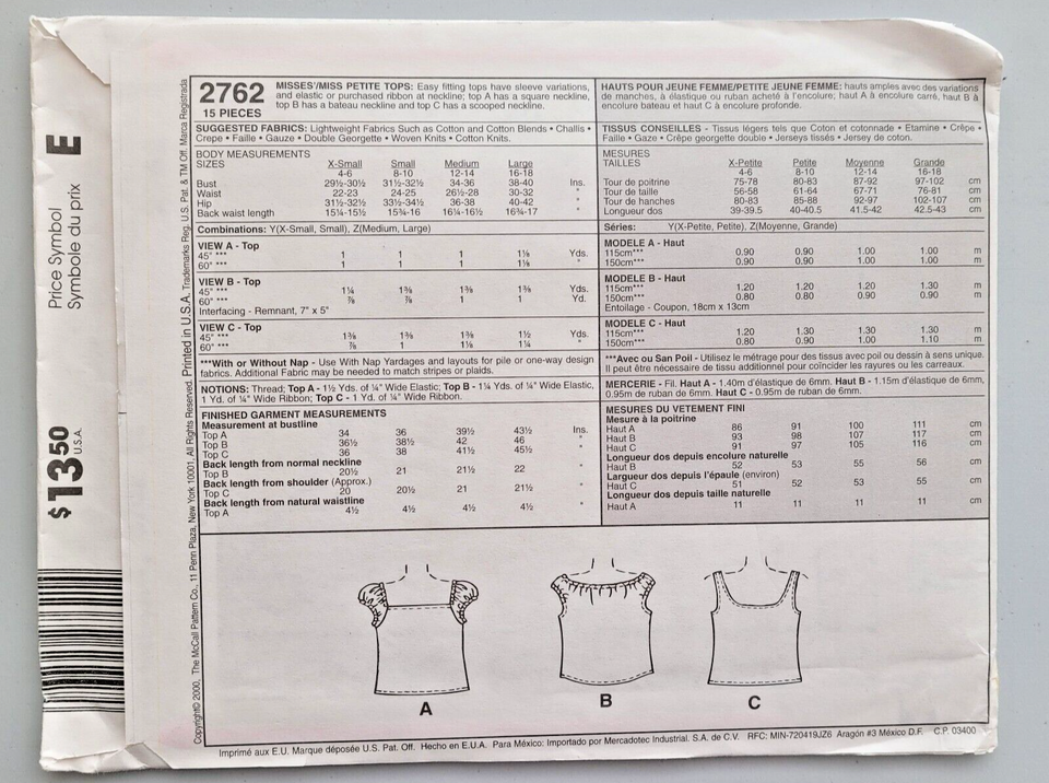 McCalls Sew Pattern 2762 Misses/Petite Peasant & Sleeveless Tops XS-S 4 ...