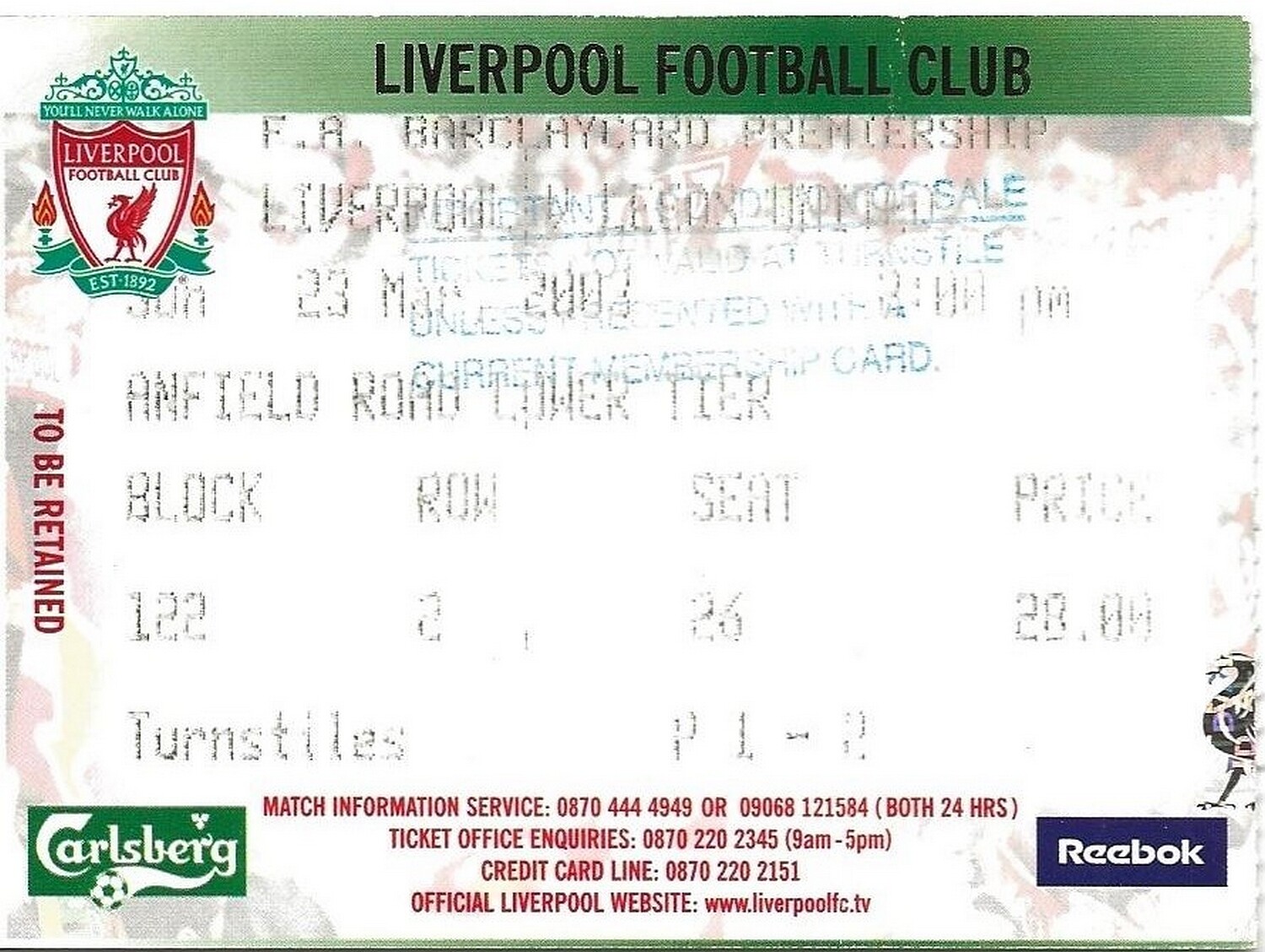 Football Ticket>LIVERPOOL v LEEDS UNITED Mar 2003 | eBay UK