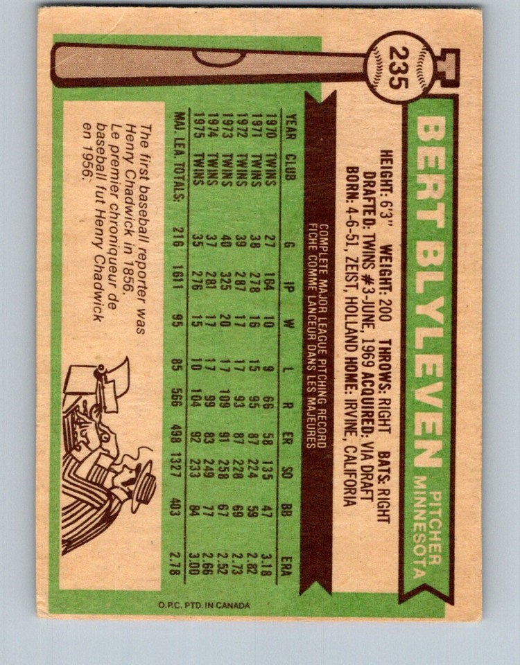 VINTAGE BASEBALL CARD OPC 1976 MINNESOTA TWINS BERT BLYLEVEN NO198 | eBay