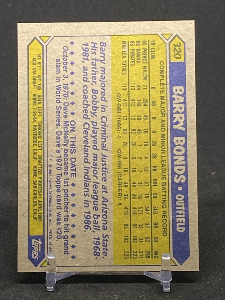 1987 87 Topps Baseball Barry Bonds Rookie Card #320 Pittsburgh Pirates ...