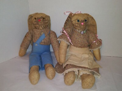 Set of 2 Handmade Country Boy Girl 17” Cloth Bunny Rabbit Rag Dolls ...