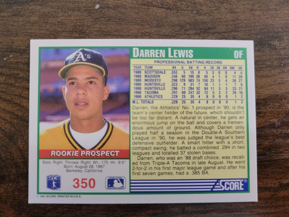 1991 Score #350 Darren Lewis - Rookie - Oakland Athletics - MLB - Fresh ...