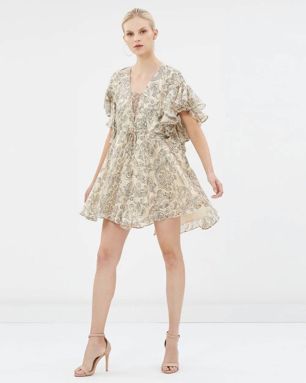 BNWT Shona Joy Marea Ruffle Drawstring Mini Dress Beige XS AU6 | eBay