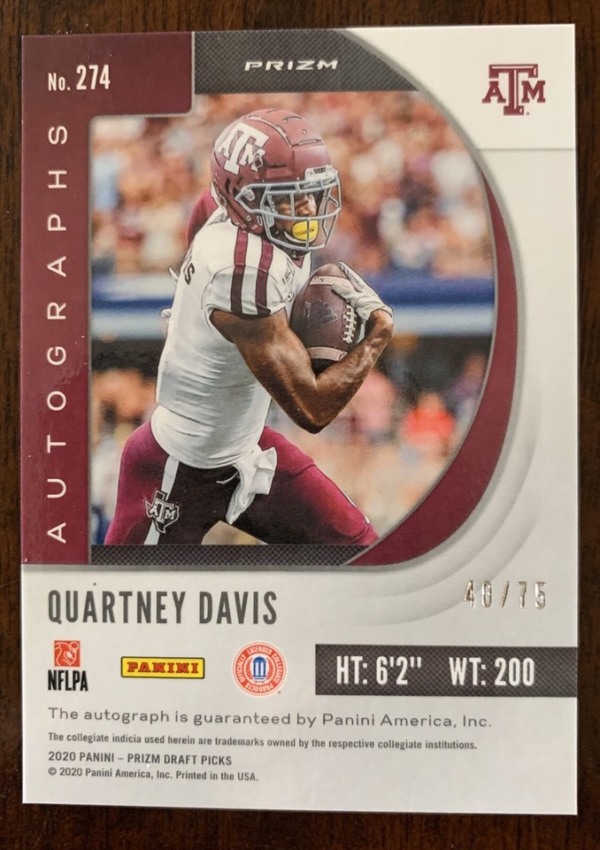2020 Panini Prizm Draft Quartney Davis Hyper Prizm Auto #d 40/75 | eBay