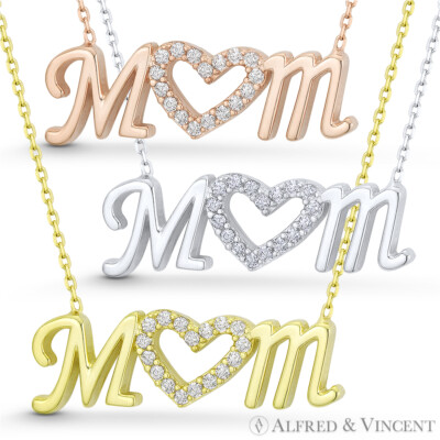 Mom Script Heart CZ Crystal Pave Love Charm Pendant 925 Sterling Silver ...